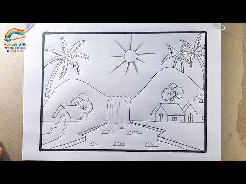 Easy Village Scenery Drawing with Waterfall and Coconut Trees | Simple Nature Drawing Step by Step