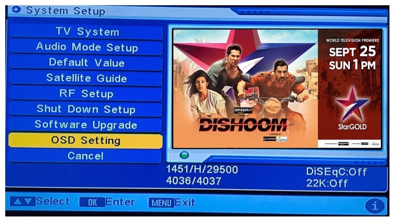 OSD SETTING ON DD FREE DISH 2019 star Gold Tv channel - YouTube