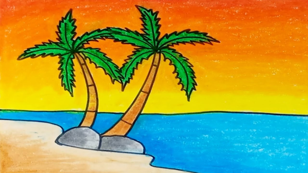 Cara Menggambar Pemandangan Sunset Di Pantai Yang Bagus |Menggambar ...