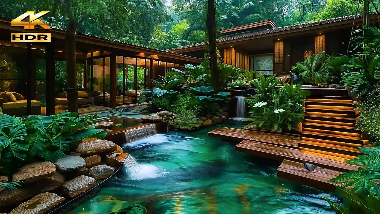 Tranquil Green Oasis🌳4K Soothing Waterfall Sounds & Birdsong for Ideal ...