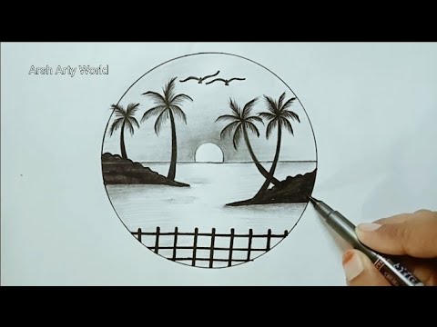 Sunset Circle Scenery Drawing with Pencil || How To Draw Scenery ...