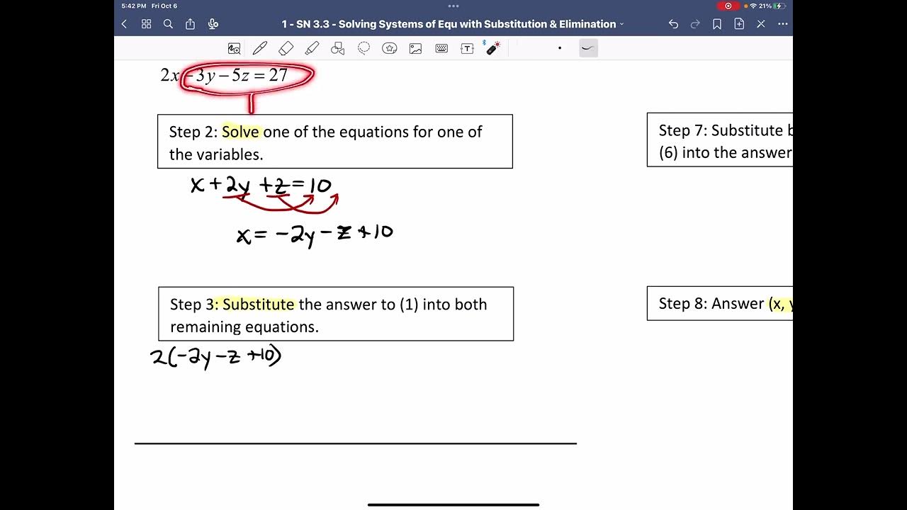 1 - SN 3.3 - Solving 3x3 Linear Systems Using Substitution and Elimination Part 1 (video) - YouTube