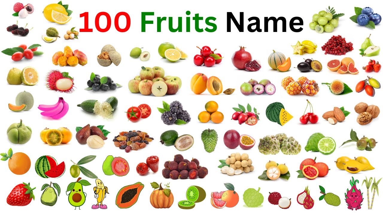 Learn 100 Fruit Names in English | Fruit Names for Kids | 100 Common ...