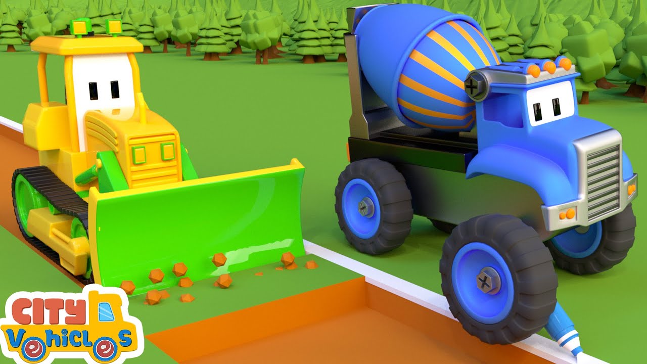 Construction Vehicles Assemble excavator and plant tree; bulldozer and ...
