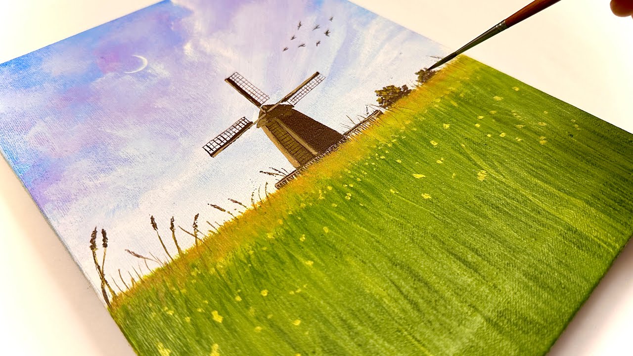 How to paint a WINDMILL at sunset /Acrylic Painting / Step by step ...