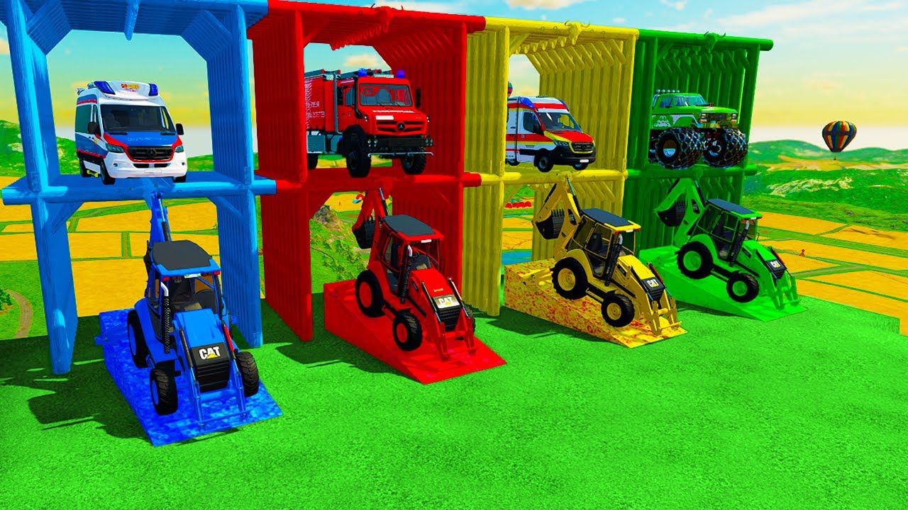 MONSTER TRUCKS, FIRE TRUCK, AMBULANCE, LOADER with TRANSPORTING! - YouTube