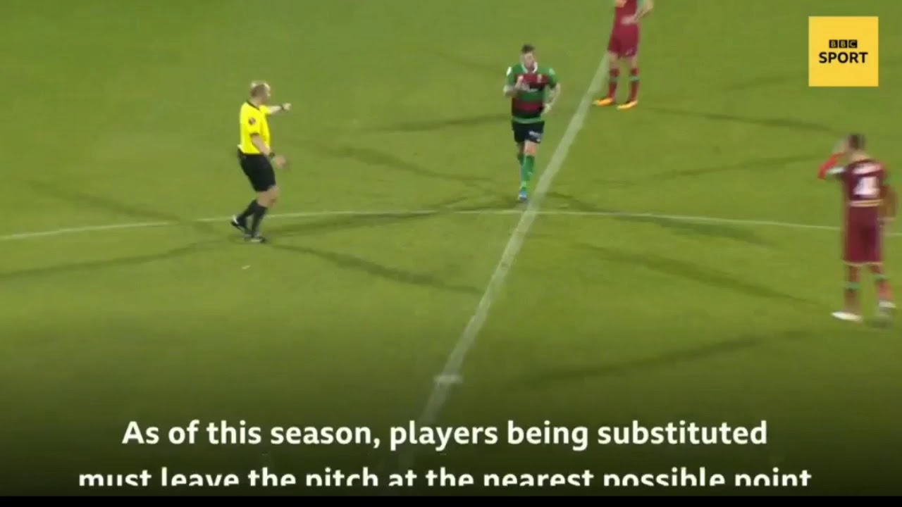Player sent off for ignoring new substitute rule - YouTube