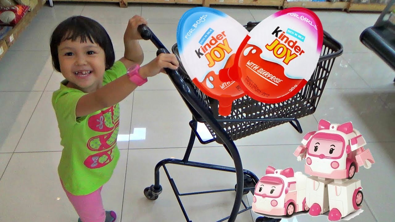 KINDER JOY Surprise Egg Hunt Kids Shopping at the Supermarket - YouTube