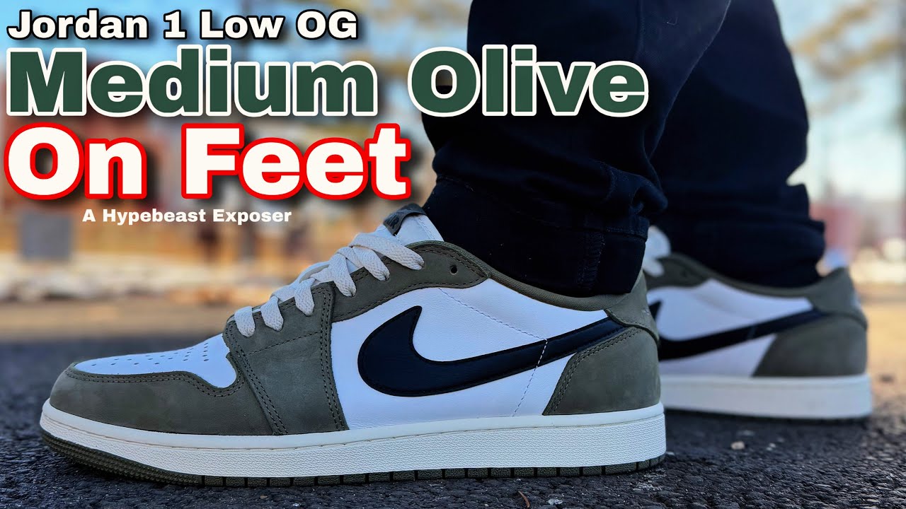 Jordan 1 Low Medium Olive - On Feet with White & Black Laces - YouTube