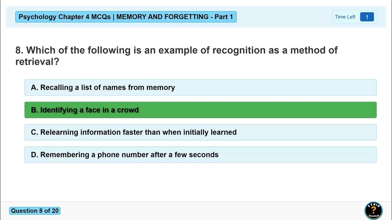 Psychology Chapter 4 MCQs | Memory and Forgetting | Multiple Choice ...
