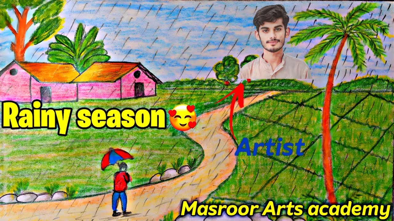 how to draw rainy season scenery with colour pencil beautiful landscape ...