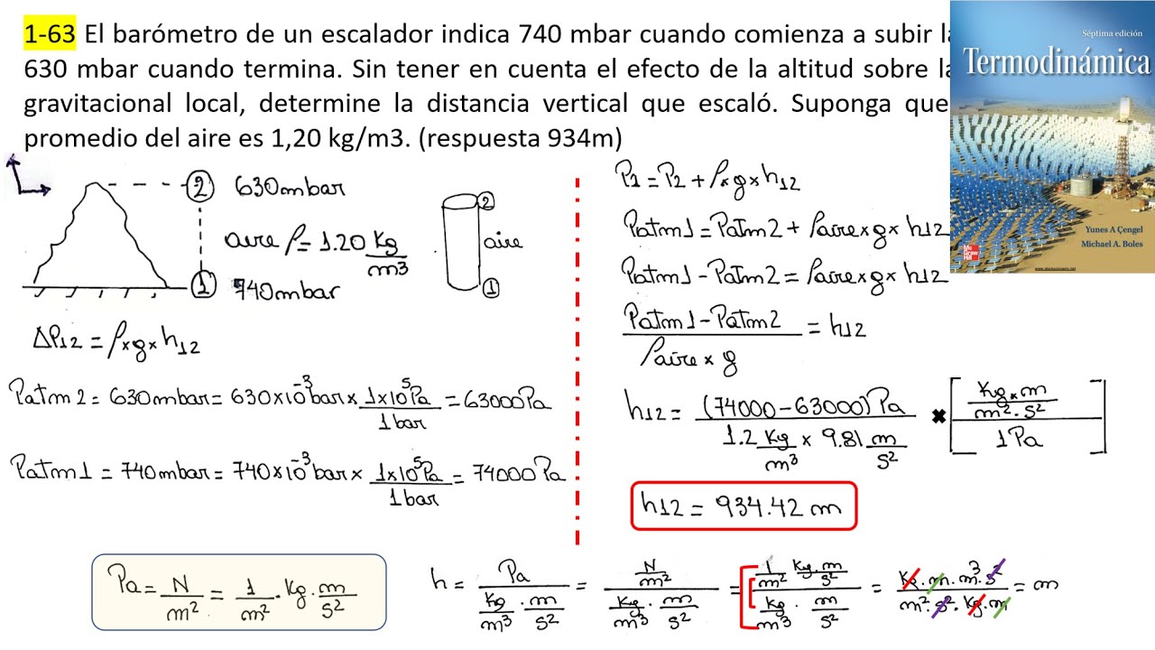 Manometría 1-63. Calculo Altura de Montaña. libro Termodinámica Cengel ...