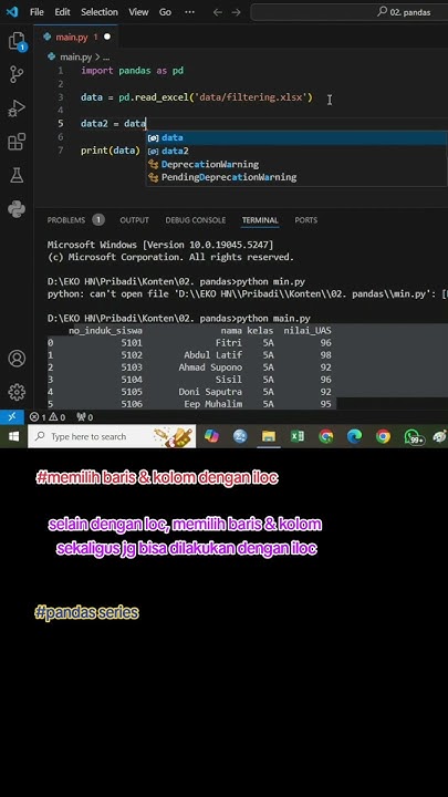 Memilih baris & kolom sekaligus dengan iloc #pandaspython #pandas #python #dataanalytics # ...