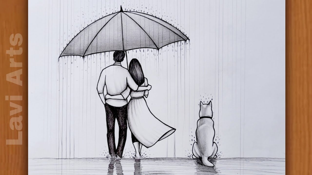 How to Draw Couple with Umbrella in Rainy day Pencil Sketch | Easy ...