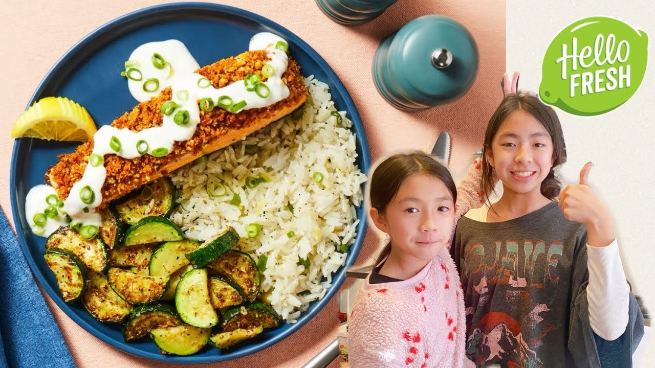 HelloFresh REVIEW PART 4 Walnut-Crusted Salmon w Garlicky Zucchini, Scallion Rice&Creamy Lemon ...