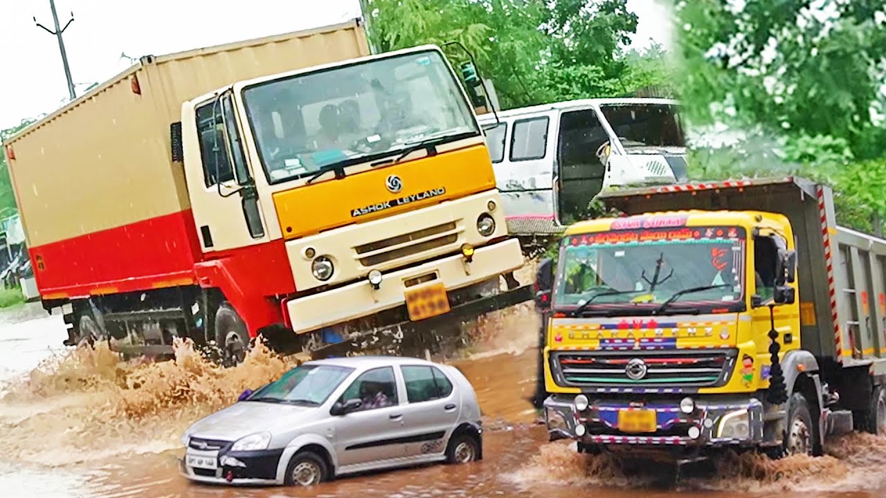 Cars and Giant Trucks are Driving in Rain water floods - Truck Lorry ...
