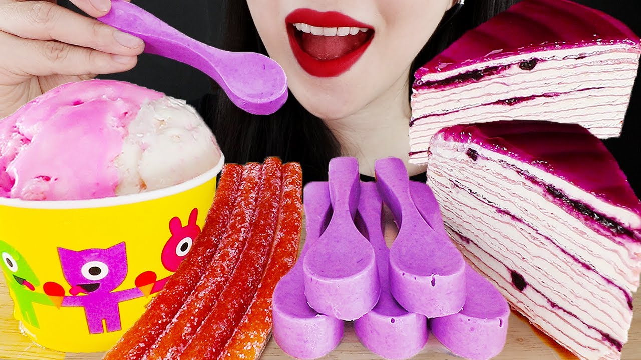 ASMR PURPLE FOODS EDIBLE SPOON & JELLY & CAKE & ICE CREAM & NANA EATING ...