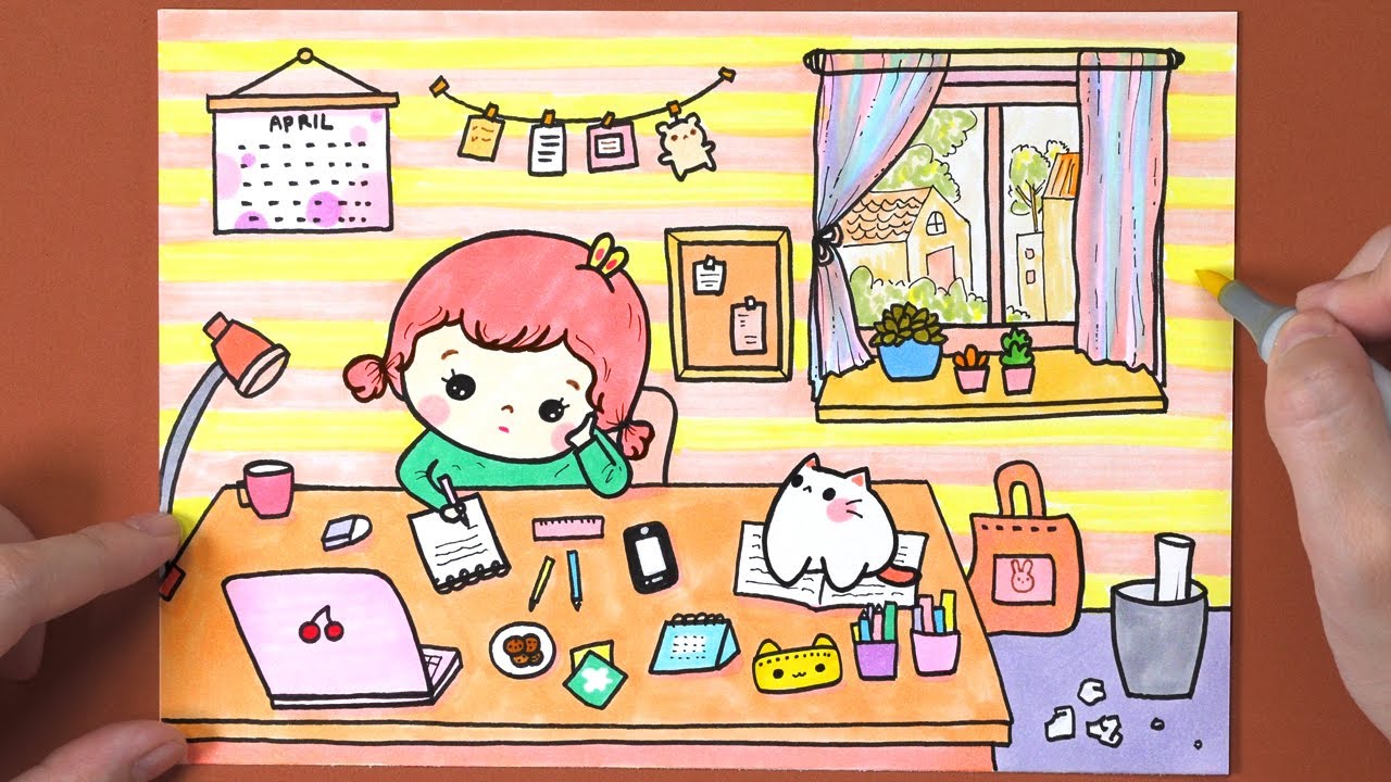 [방그리기] 예뿍이의 공부방ㅣ힐링영상 How to draw a study room 마카드로잉 - YouTube