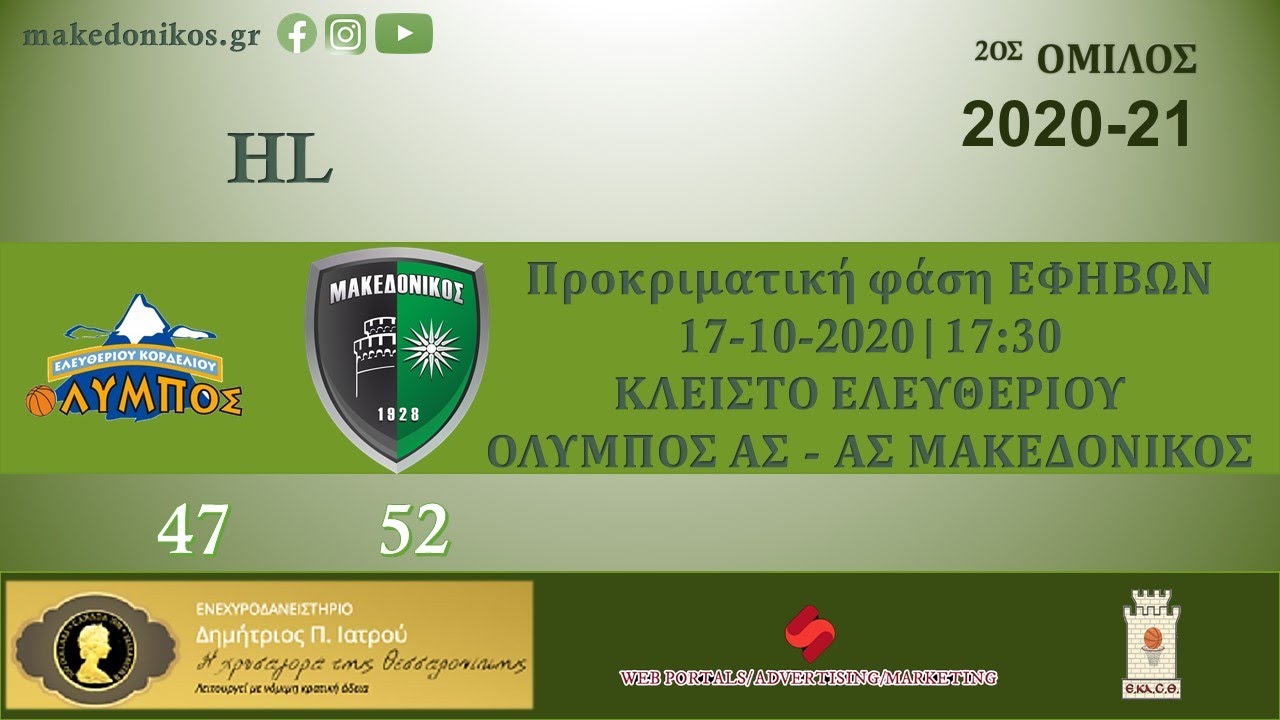 Όλυμπος Κορδελιού - Μακεδονικός 47-52| HL | Εφηβικό 2020- 21 - YouTube