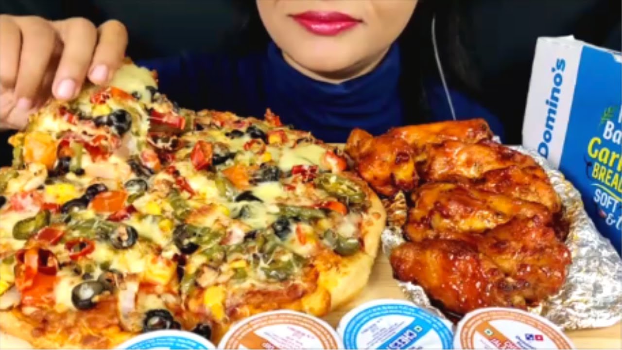 ASMR:DOMINOS VEG CHEESE BURST PIZZA,CHICKEN WINGS & GARLIC BREAD ...