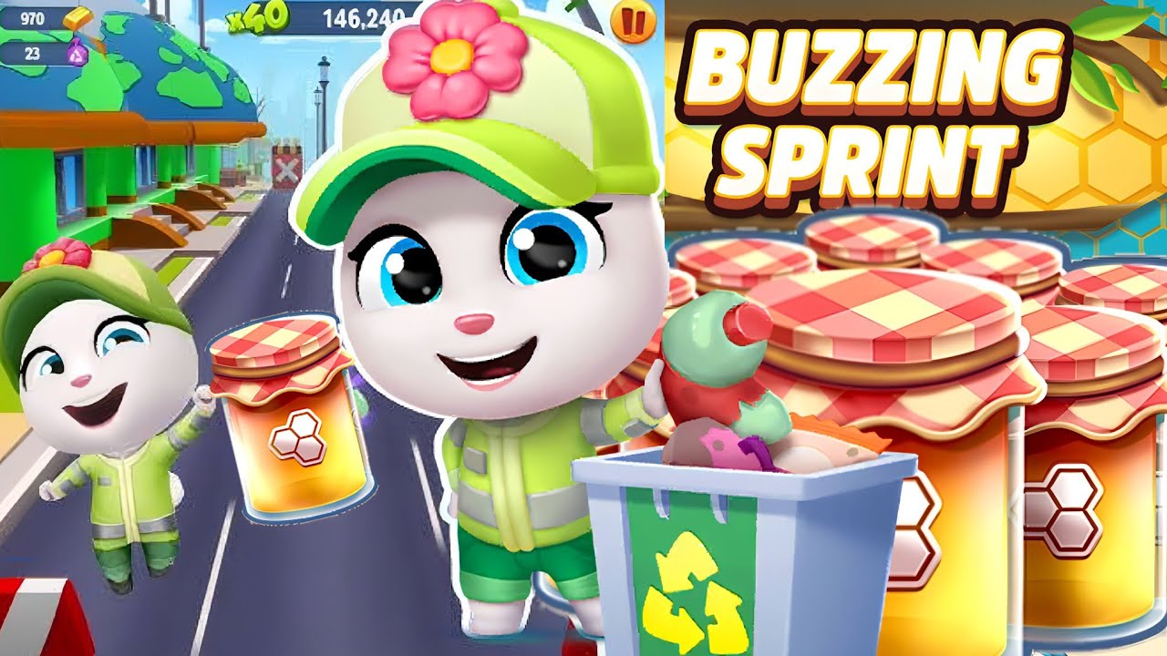 Talking Tom Gold Run Buzzing Sprint event Eco Angela vs Roy Raccoon Fast as Bee Gameplay - YouTube