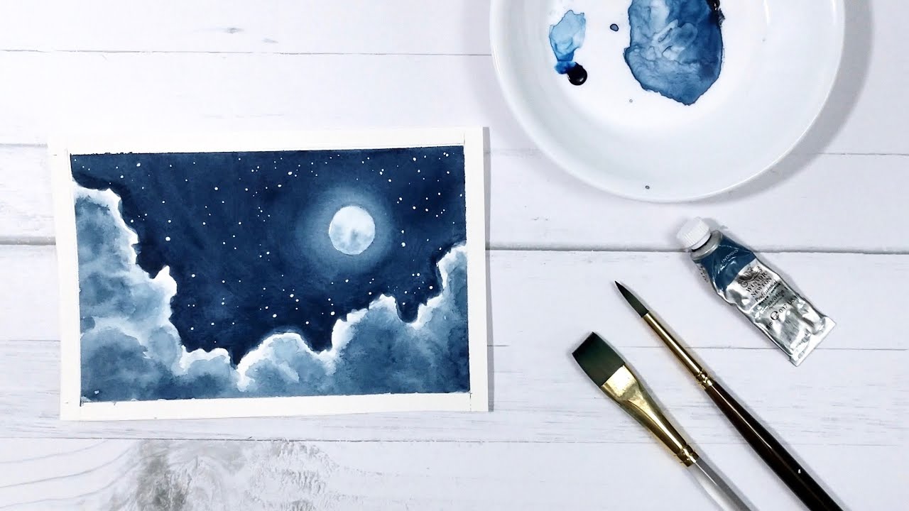 Easy Watercolor Tutorial | Step-by Step Moon and Clouds Watercolor - YouTube