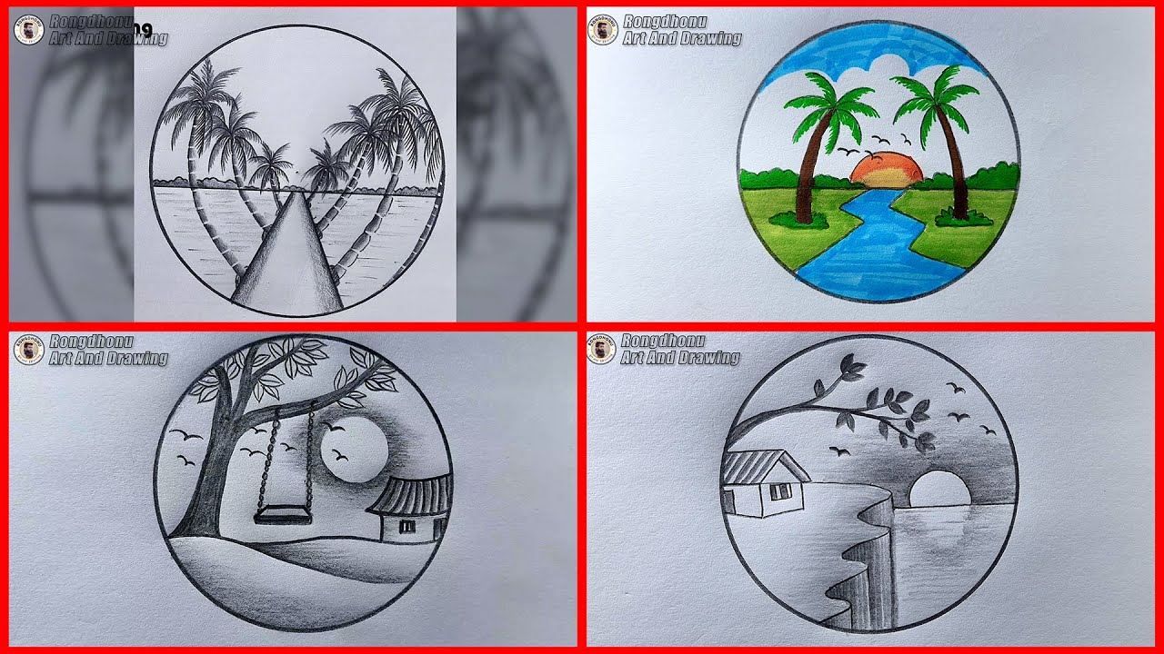 4 Beautiful Village Scenery Drawings | Easy Nature Drawing in Circle ...