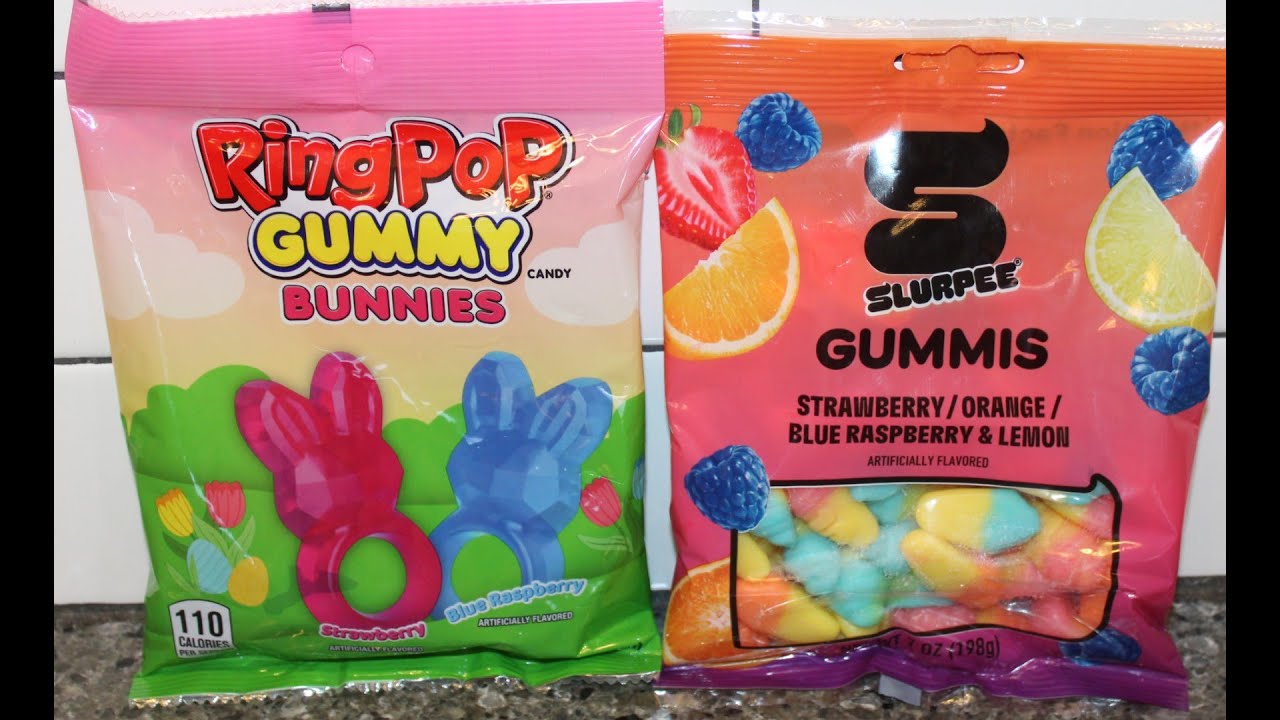 Ring Pop Gummy Bunnies & Slurpee Gummies Review - YouTube