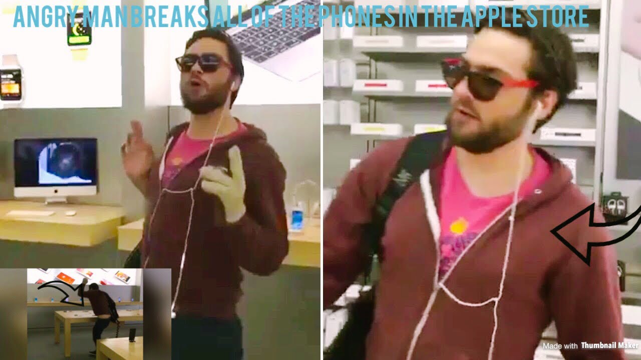 Angry man breaks phones inside of the Apple store - YouTube