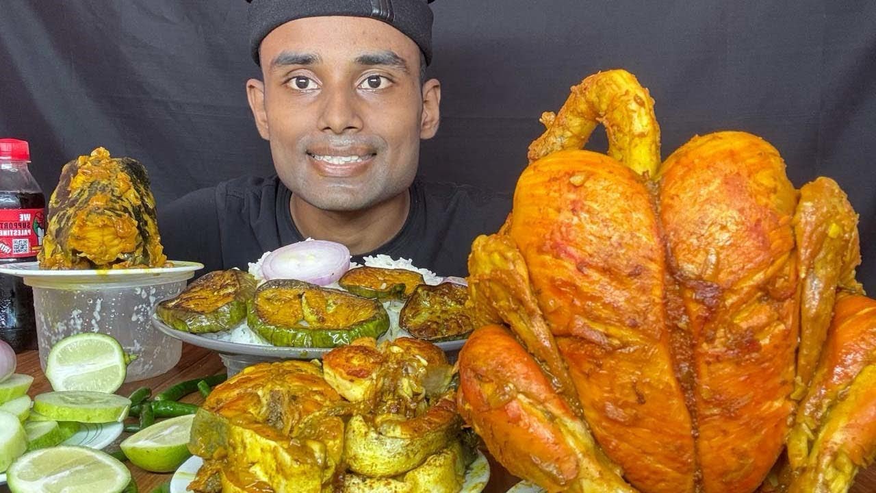 Eating Whole Chicken Curry, Fish Head Curry, Fish Fry, Brinjal Fry With ...