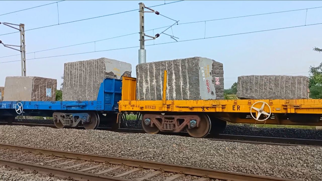 Freight Train Carrying Granite Stone Blocks In BOSTHS Wagons Hauled By ...