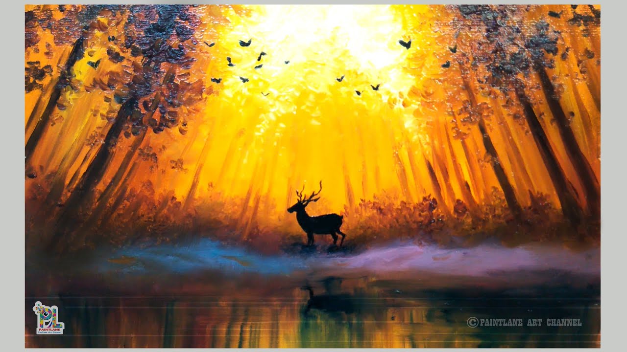 How to paint Sunset in the forest with animal | PAINTLANE - YouTube