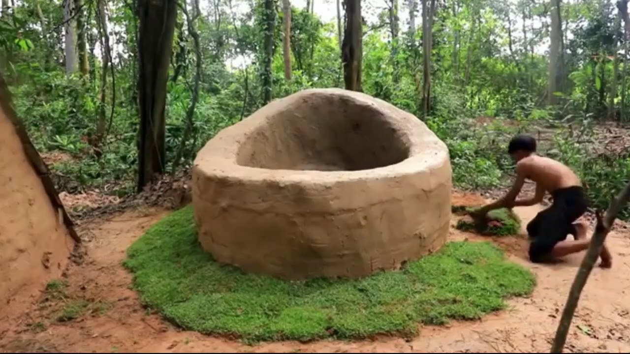 Cara primitif membuat rumah kolam renang dan ruangan GYM di hutan - YouTube