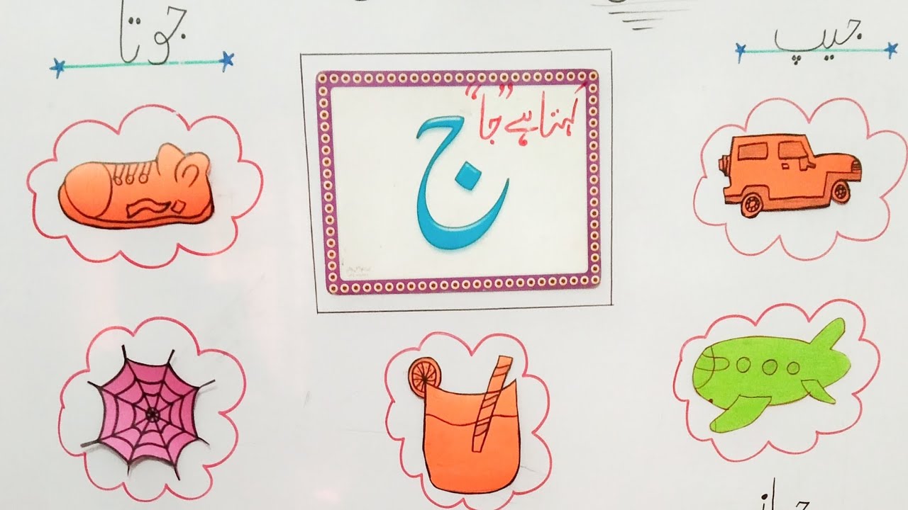 How to learn harf jeem ج with vocabulary words and pictures for pre ...