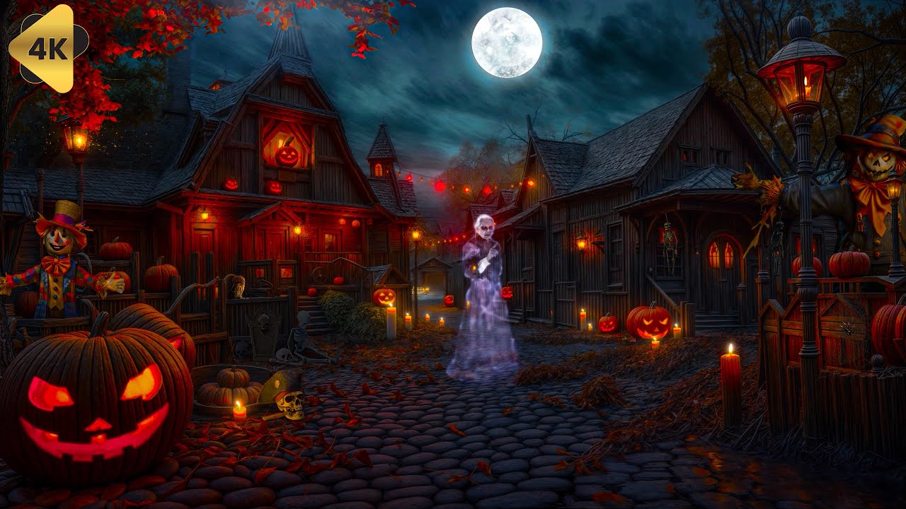 Spooky Autumn Village Halloween Ambience with Relaxing Spooky Sounds, Crunchy Leaves and White ...