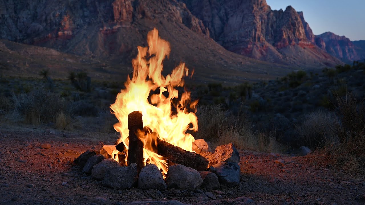4K Sunrise Campfire & Cricket Sounds – Crackling Fireplace Burning ...