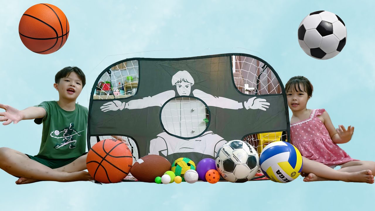 Learn the Names of Different Sport Balls and Kick Them into a Toy Goal ...