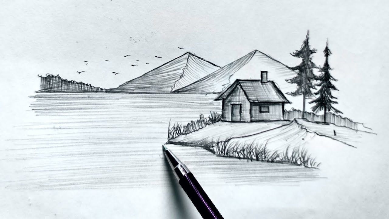 Beautiful Pencil Scenery Drawing,Step By Step Scenery Drawing, River ...