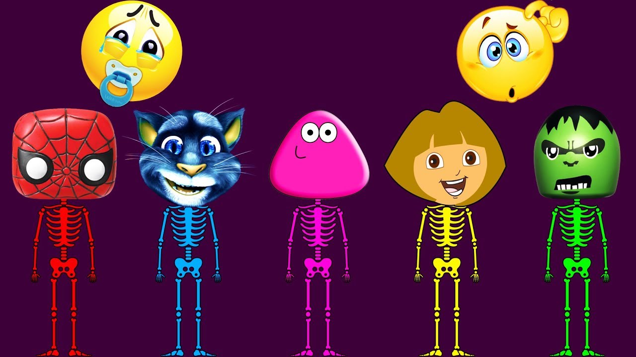 Talking Tom Spiderman Pou Dora Hulk Skeleton Finger Family Colors Learn ...