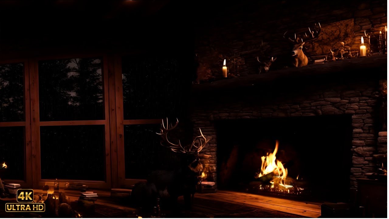 Rustic Rain Retreat: Cozy Cabin Ambiance with Fireplace and Serene ...
