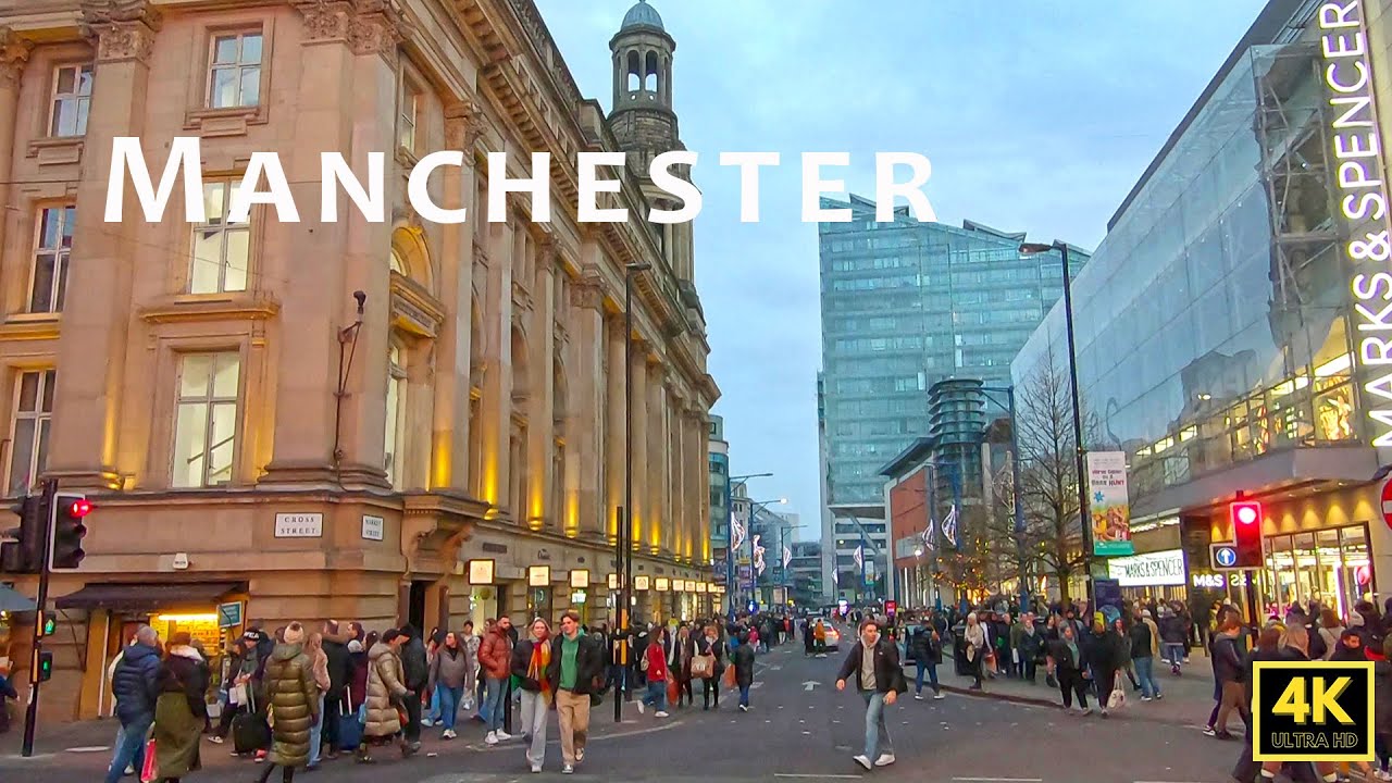 🇬🇧 Manchester walk - Market Street to Deansgate the first snow in the ...