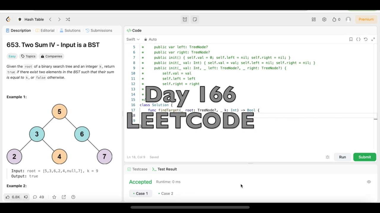 Day 166 Leetcode Problem 653 Two Sum Iv Input Is A Bst Swift 2057