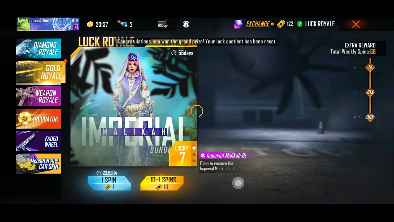 Free fire New gold royal bondal in one spin - YouTube