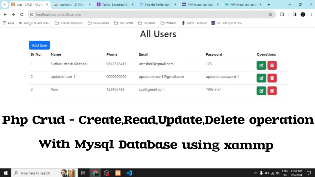 Php Createreadupdatedelete Crud Operation With Mysql Database Using Xampp Youtube