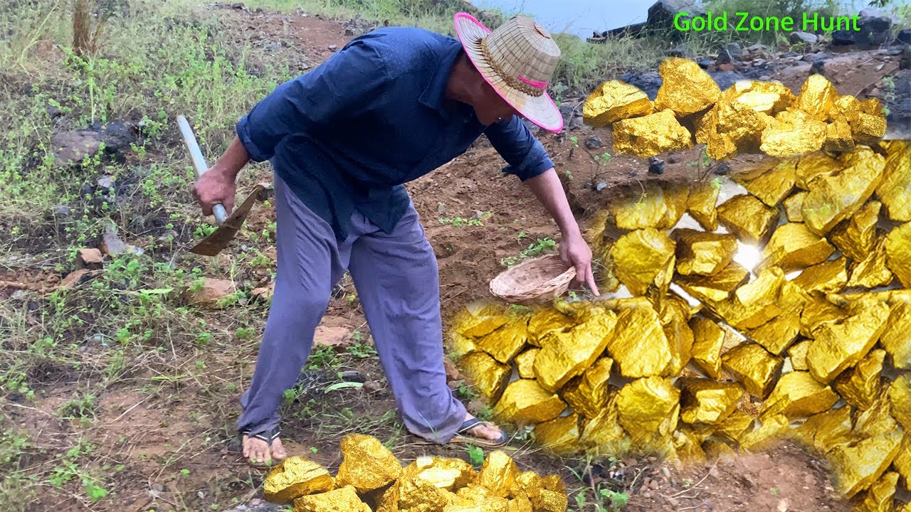 finding gold! gold miner found a lot of gold under stone on top ...