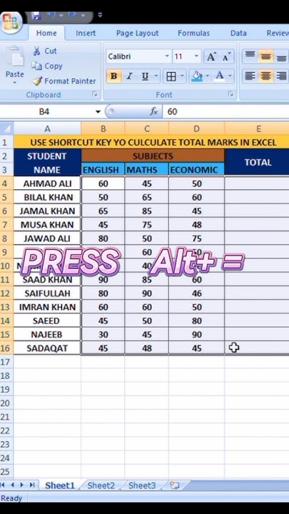 Shortcut Key to Calculate Total Marks in Excel.#shorts ,#youtubeshorts ...