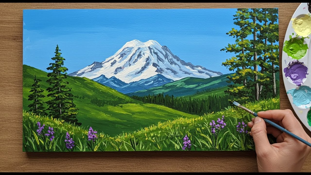 How to Paint a Mountain Landscape with Flowers | Acrylic Painting for ...