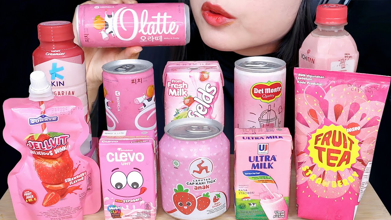 ASMR MINUMAN WARNA PINK 💗 ULTRAMILK, OLATTE, KIN YOGURT, ICHITAN, CLEVO ...