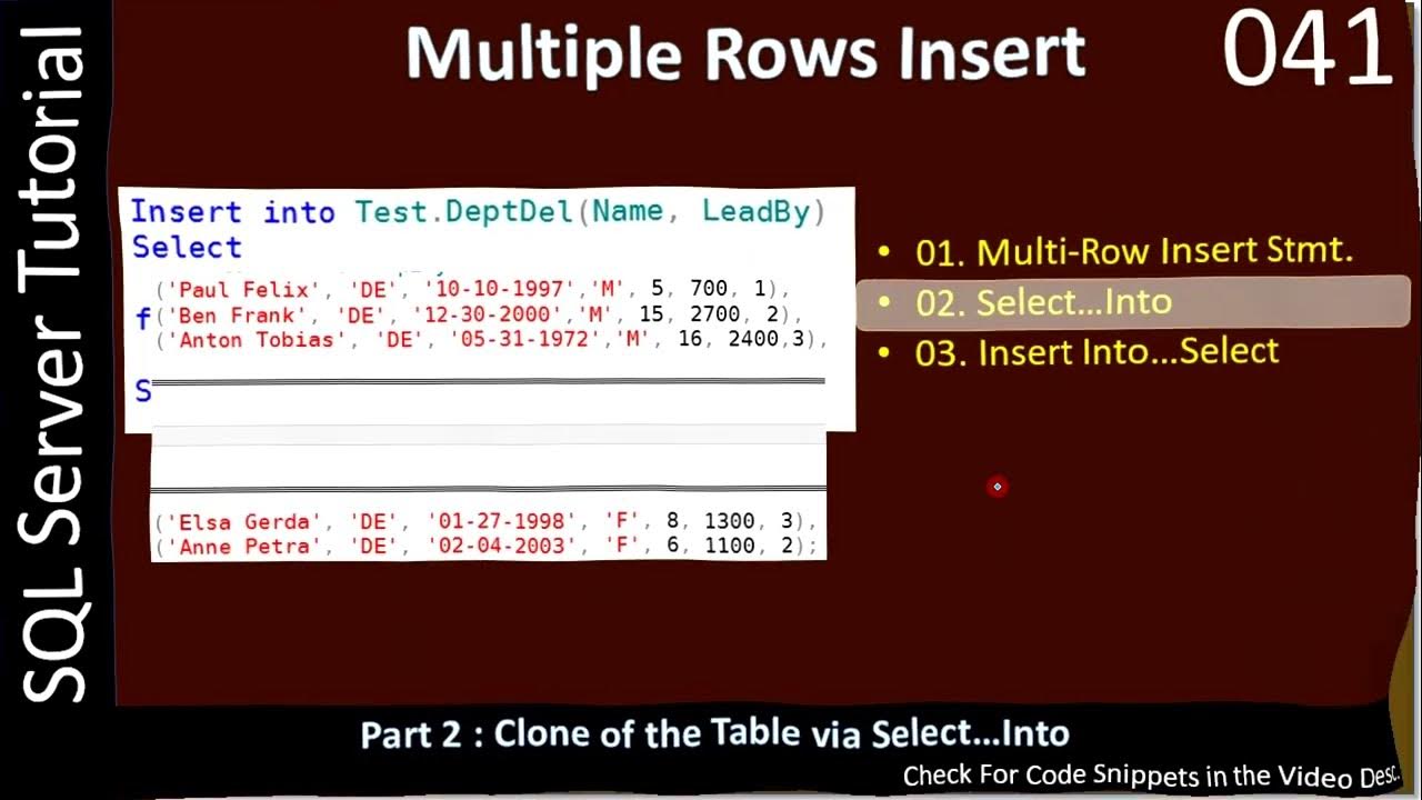 Multi Insert Part 2 Clone Table Via Selectinto Ssms Tsql Tutorial 41 Youtube