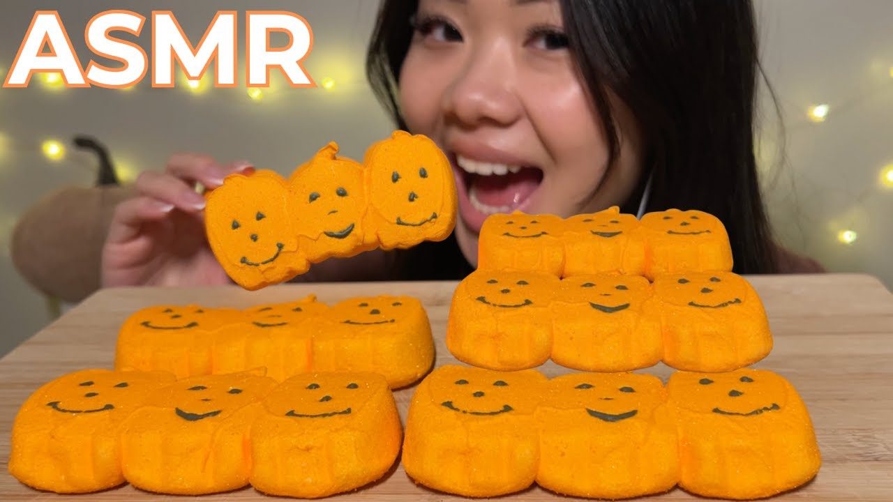 ASMR Eating Peeps Marshmallow Halloween Pumpkin (satisfying eating sounds) No Talking Mukbang ...